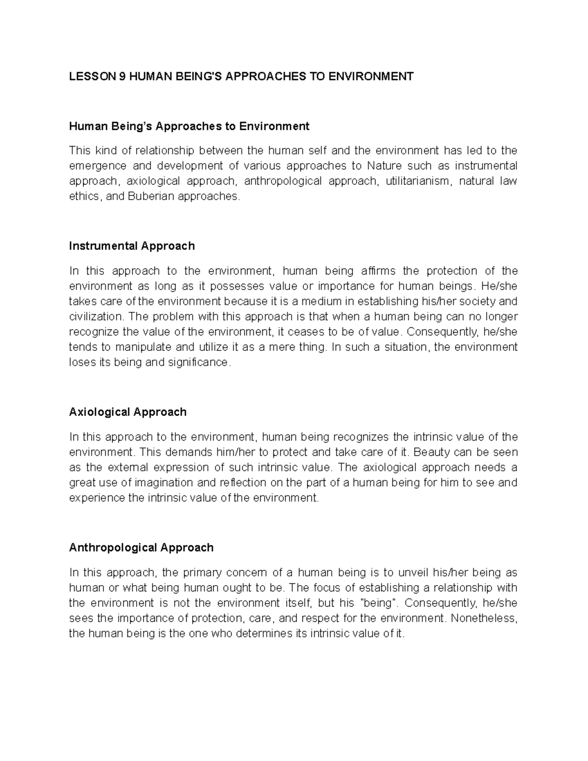 Lesson 9 Human Being'S Approaches TO Environment - LESSON 9 HUMAN BEING ...