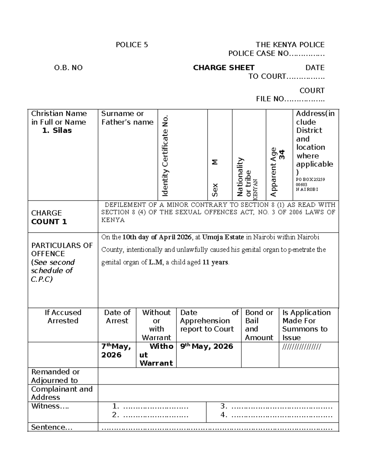 POLICE 5 Charge Sheet: Defilement Case O.B. No. 25259/2026 - Studocu
