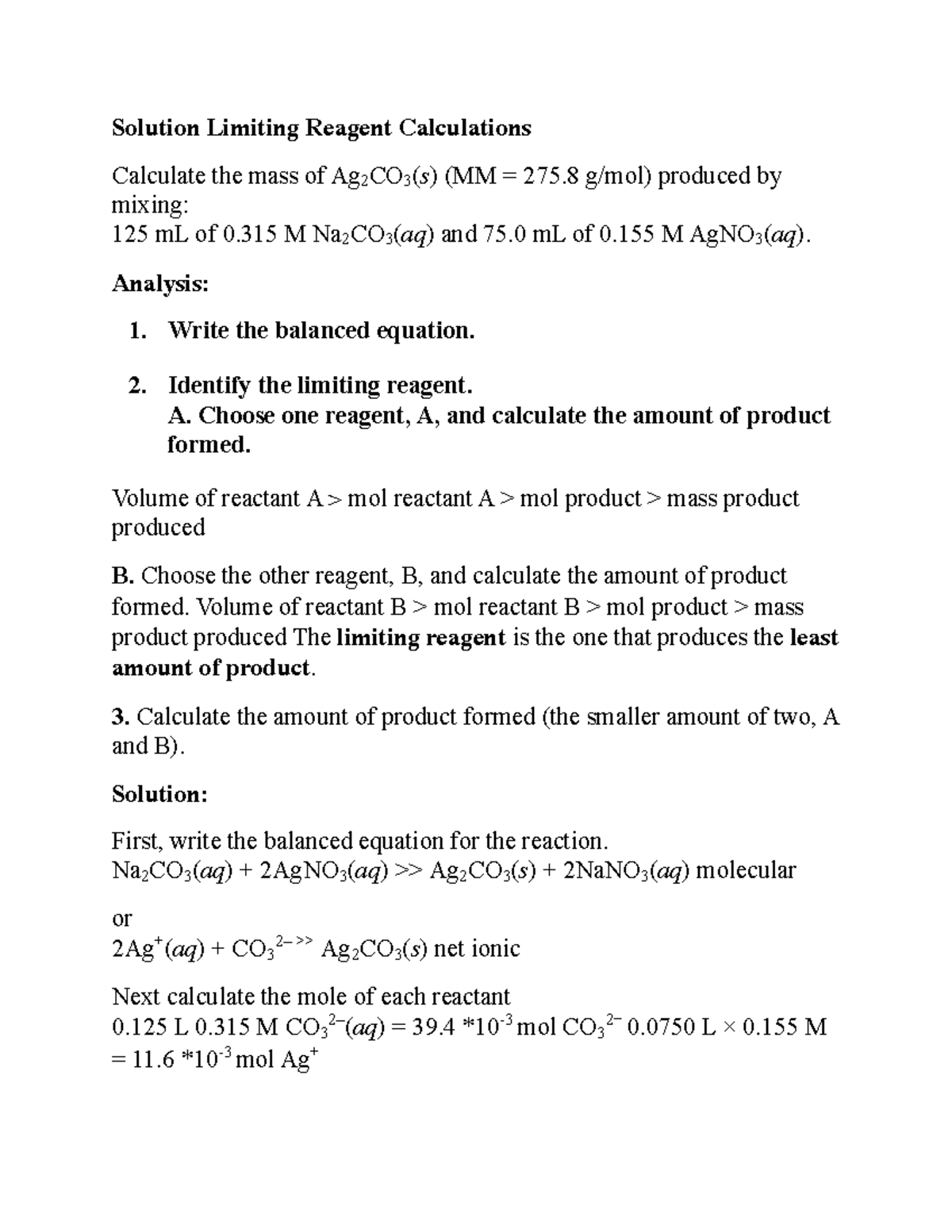 Limiting Reagant Notes - Solution Limiting Reagent Calculations ...