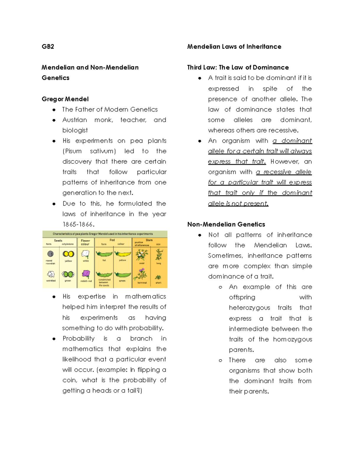 General Biology - Grade 12 Midterms Reviewer - GB Mendelian and Non ...