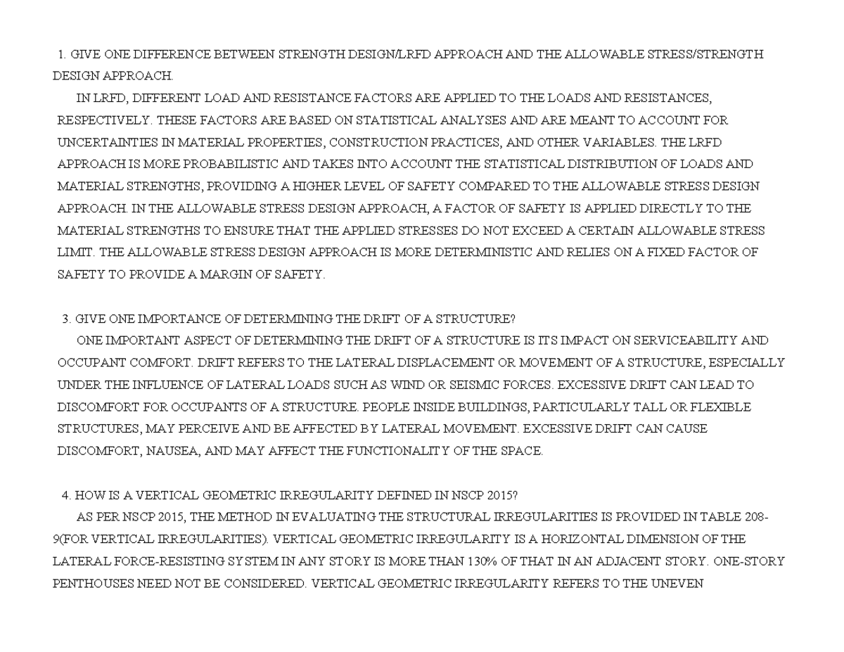 LRFD vs Allowable Design: Key Differences & Importance of Drift - Studocu