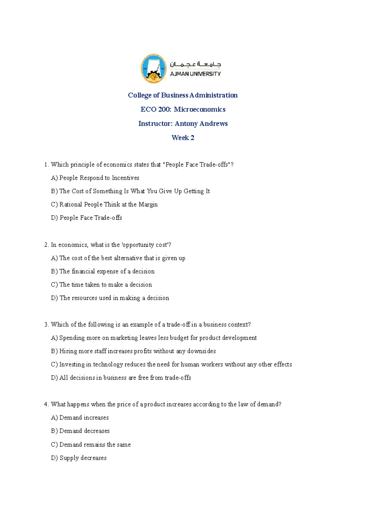 ECO 200: Microeconomics Practice Questions - Week 2 - Studocu