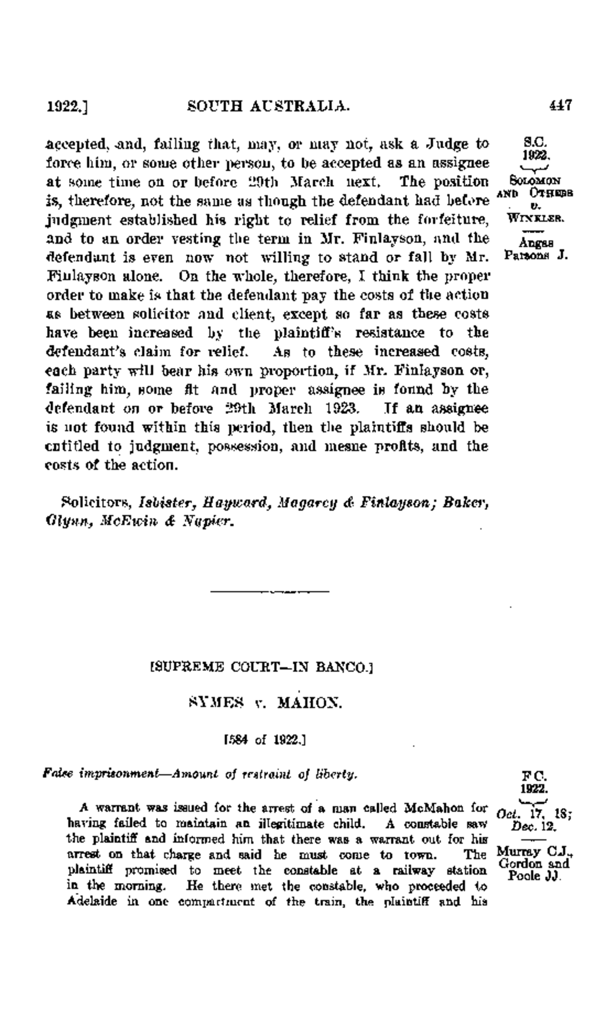 Symes v Mahon [1922] SASR 447: Assessment of False Imprisonment - Studocu