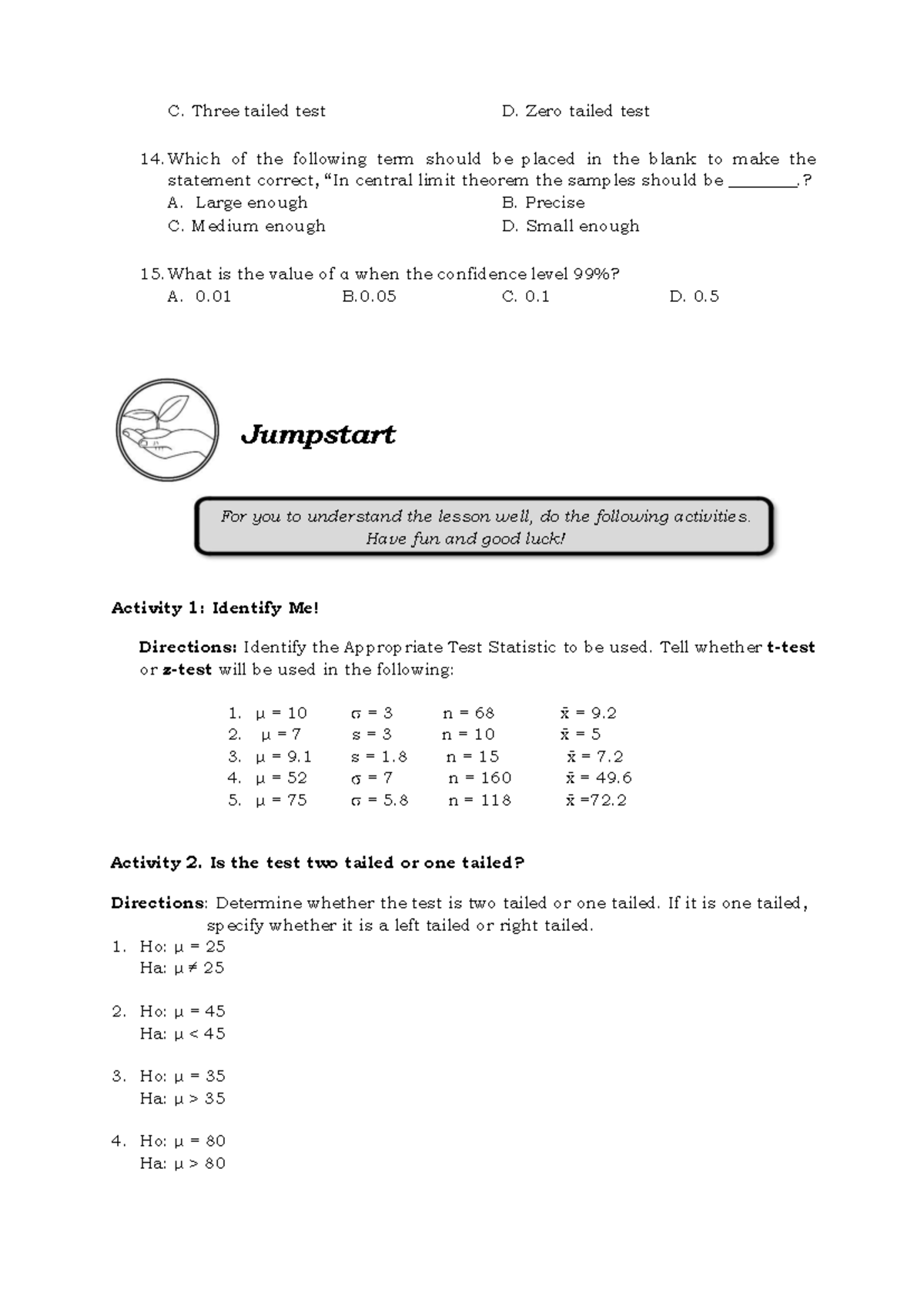 Mod2 Stat and Prob - Activities on Test Statistics and Hypothesis ...