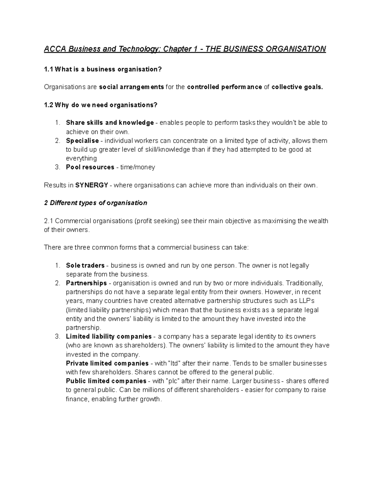 ACCA BT Chapter 1 - Overview of Business Organisations and Types - Studocu