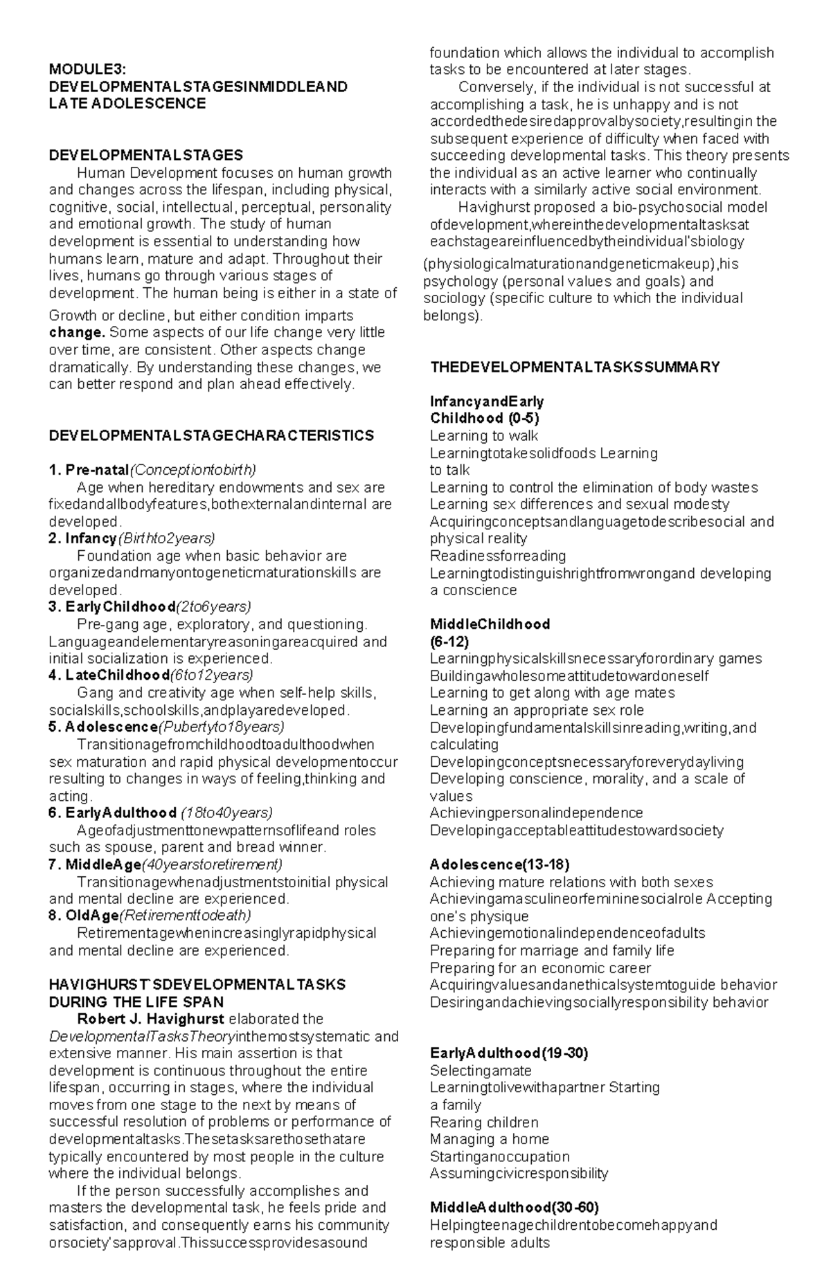 Perdev- Module 3 - NOTES - MODULE3: DEVELOPMENTALSTAGESINMIDDLEAND LATE ...