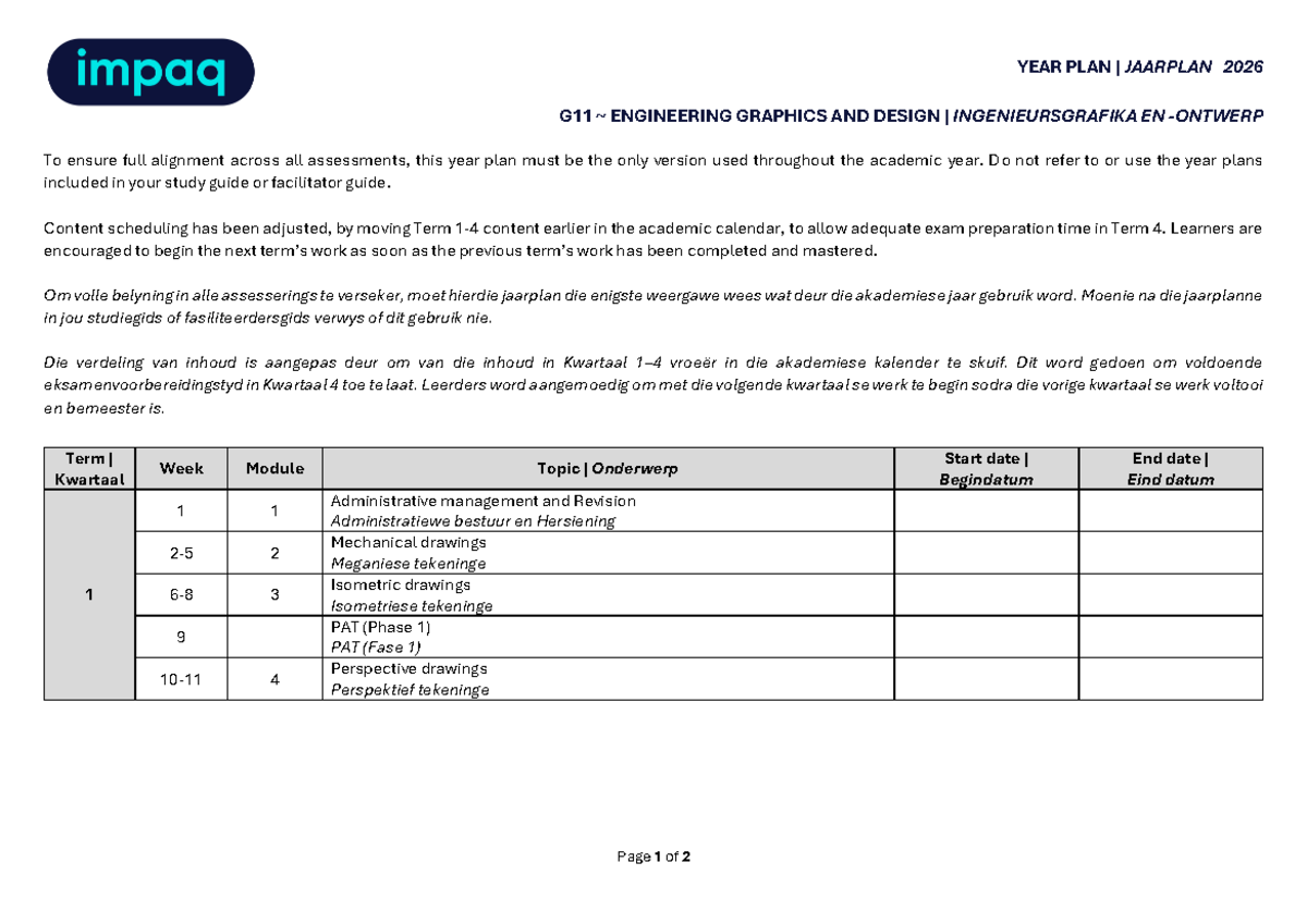 Grade 11 EGD Year Plan 2026: Engineering Graphics & Design - Studocu