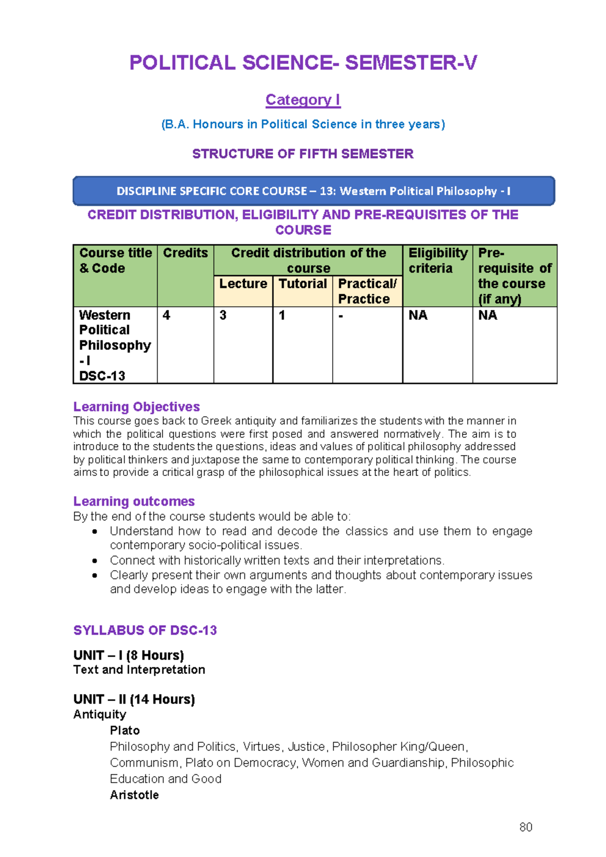 B.A. Honours in Political Science: Fifth Semester Syllabus (POL 13-15 ...