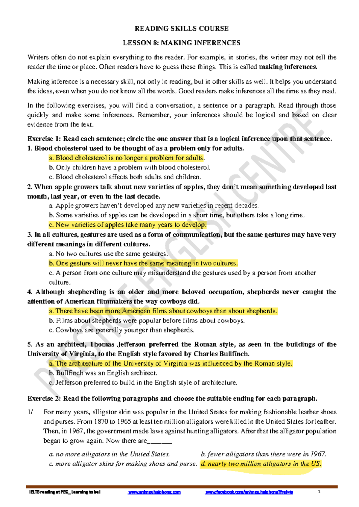 Lesson 8 Making inferences - READING SKILLS COURSE LESSON 8: MAKING ...