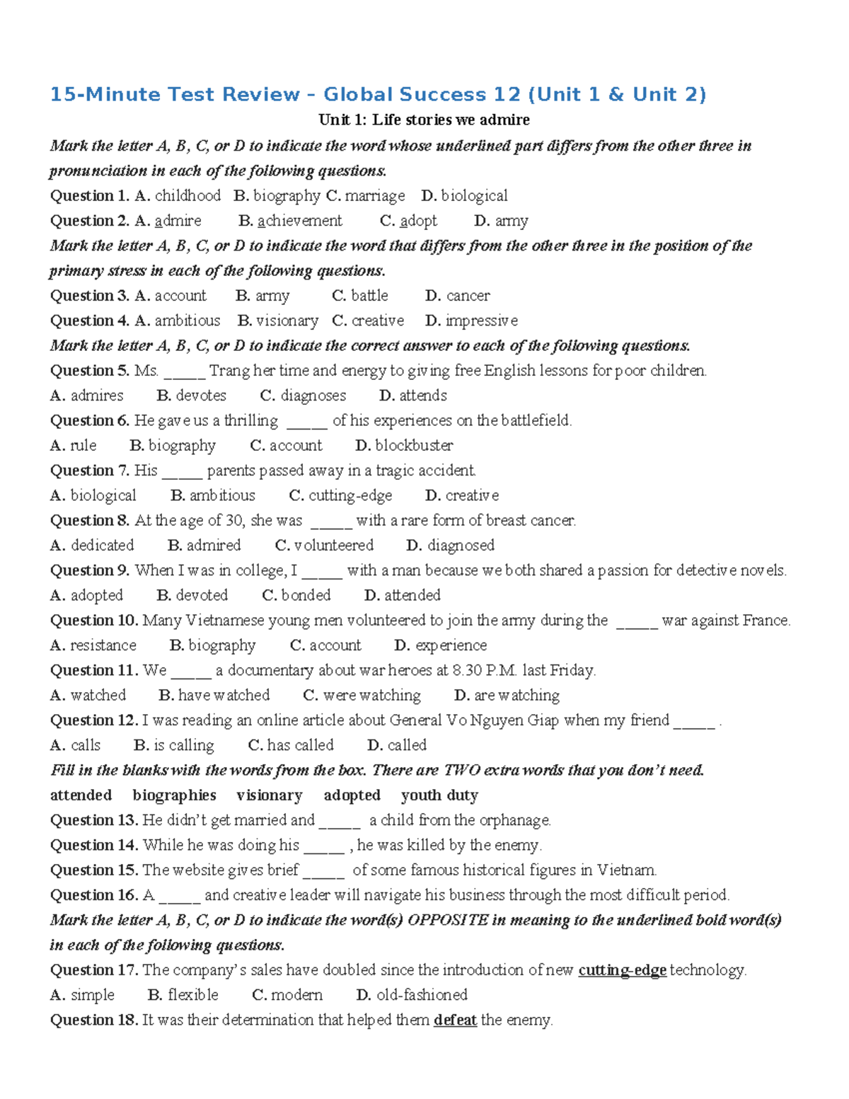 G12 - Test Review Global Success 12 (Units 1 & 2) Study Guide - Studocu