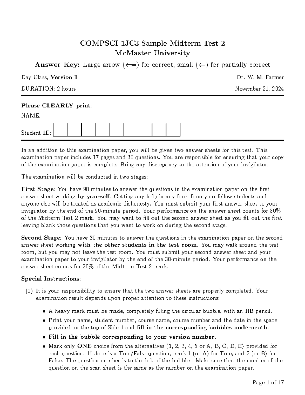 Midterm 2 Sample Solutions for COMPSCI 1JC3 - McMaster University - Studocu