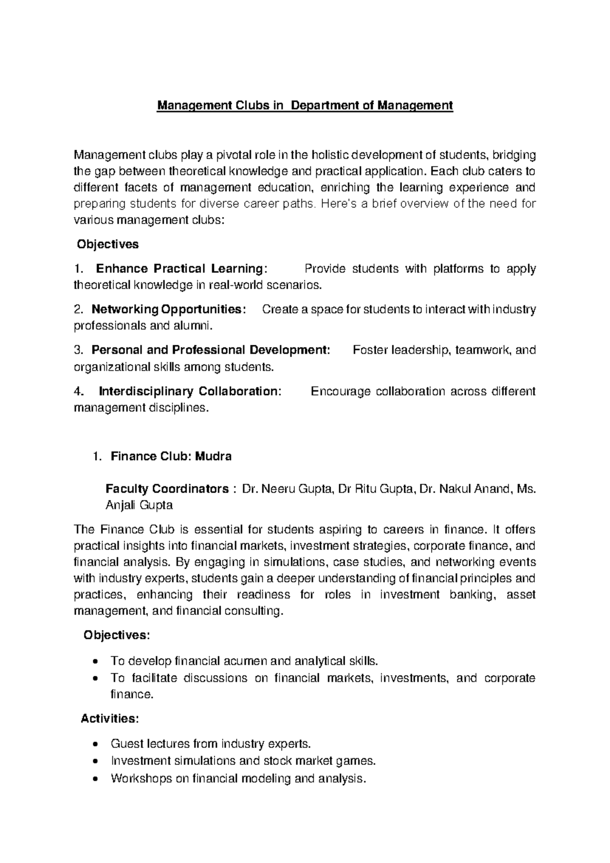 Management Clubs Overview in Department of Management (2023) - Studocu
