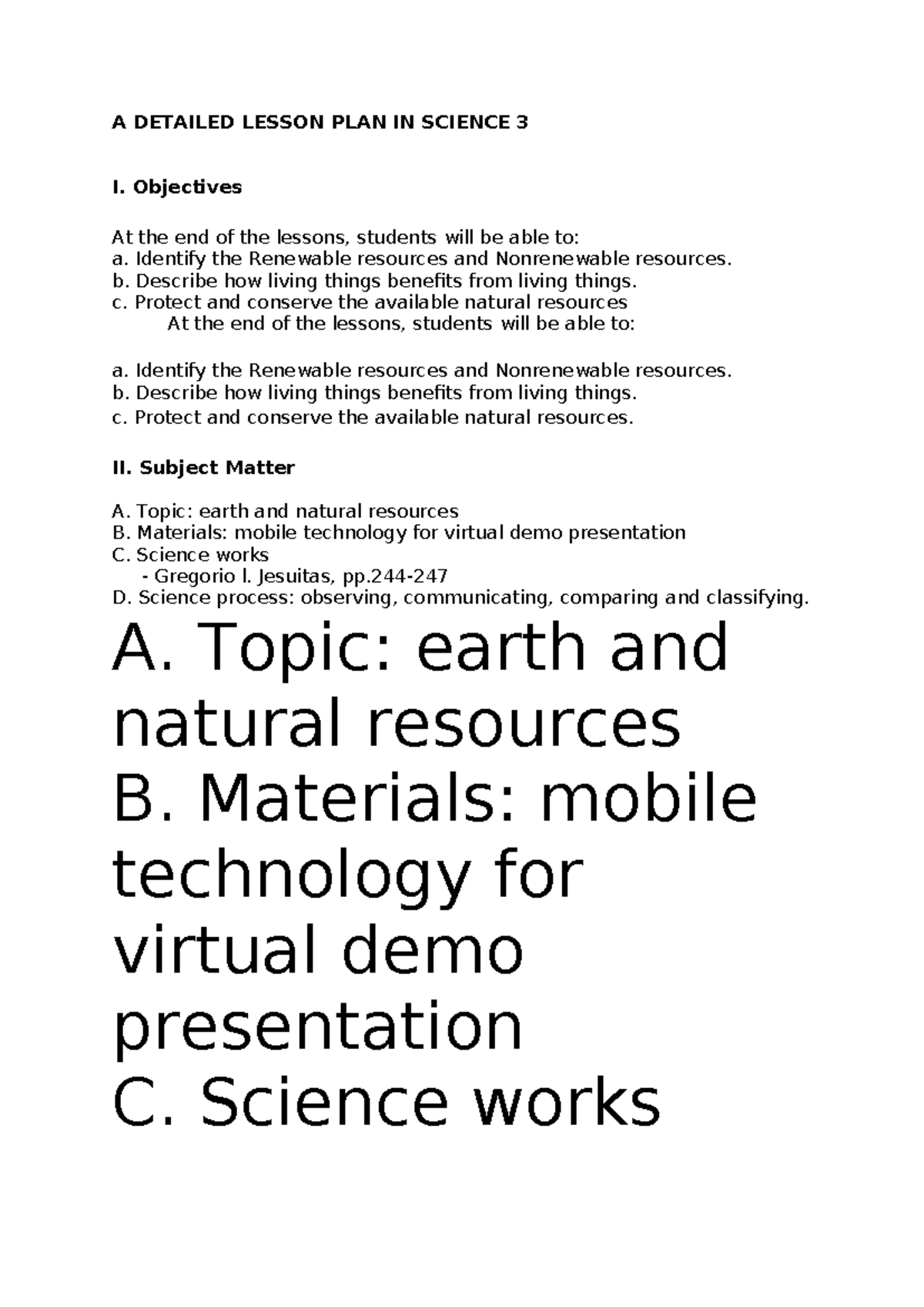 Detailed Lesson Plan on Earth and Natural Resources - Science 3 - Studocu