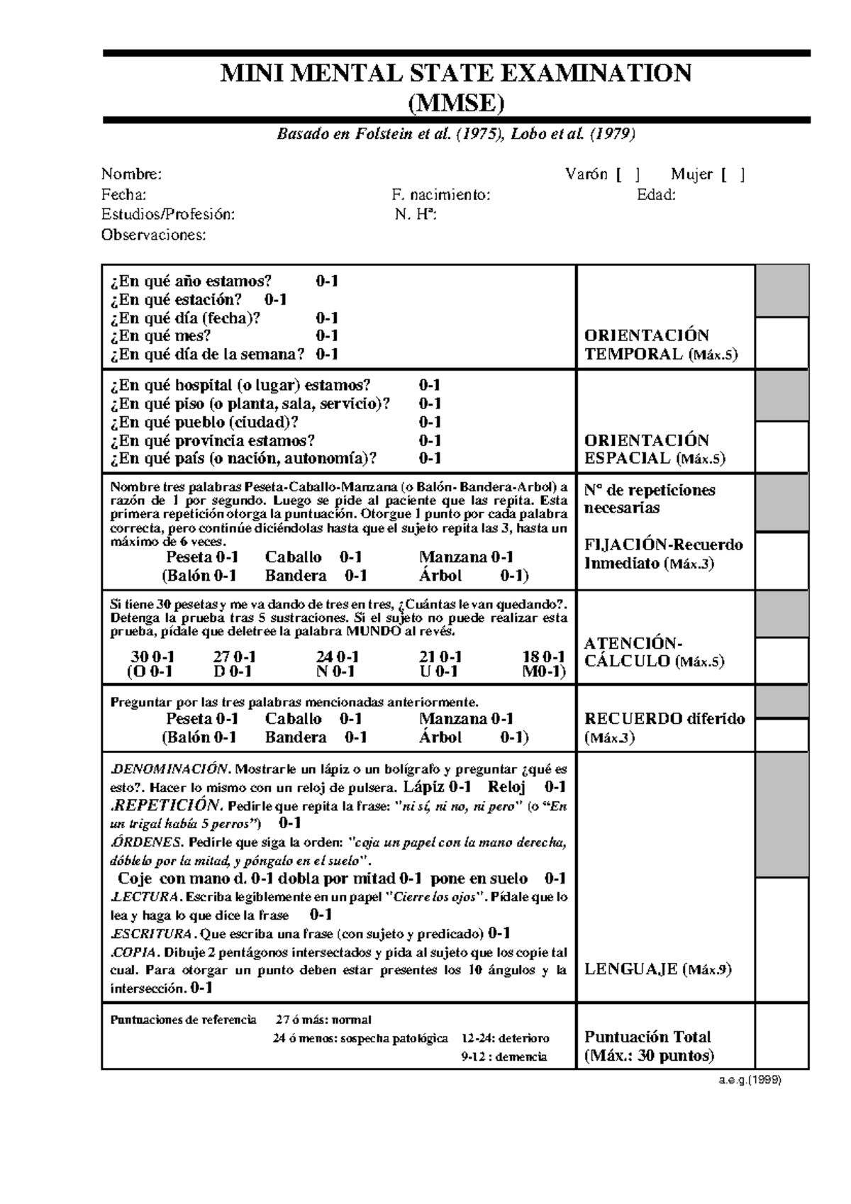 MINI MENTAL STATE EXAM (MMSE) Evaluación y Puntuación - Studocu