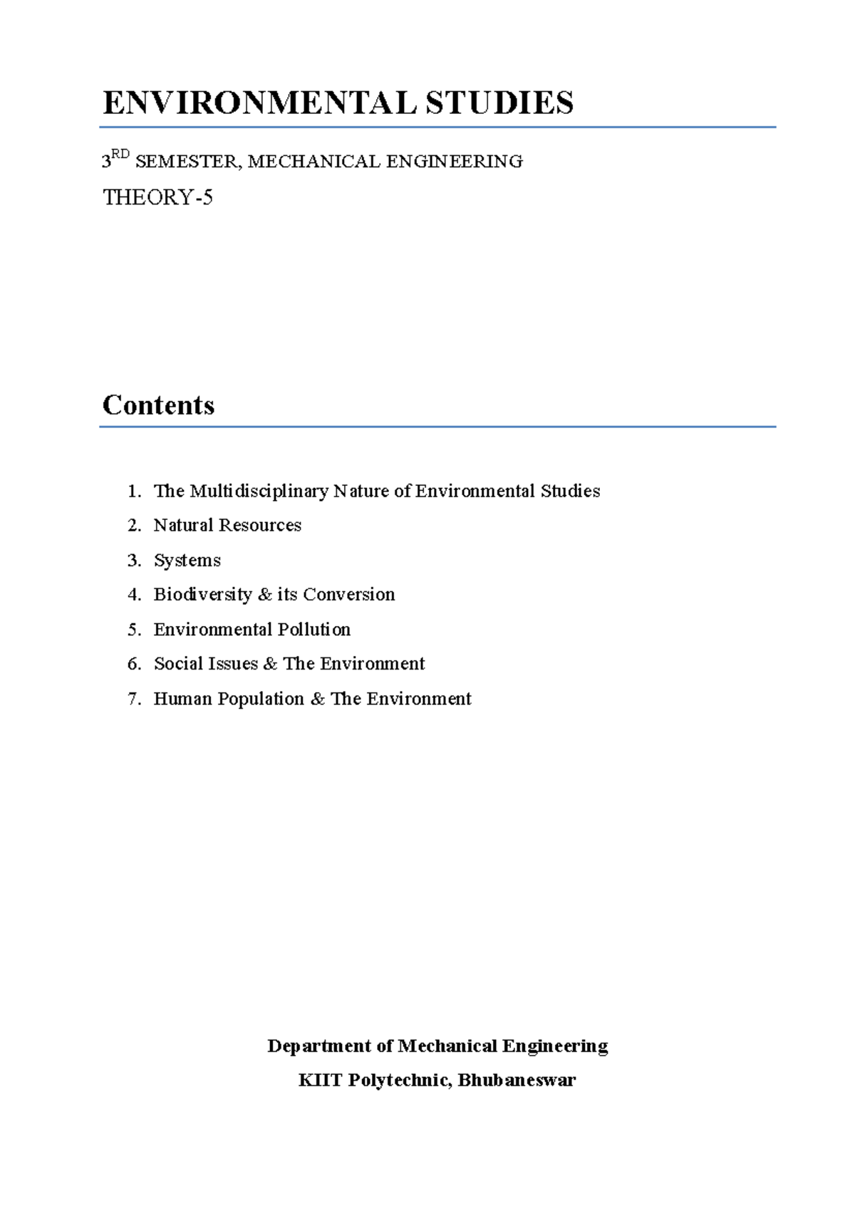 ENVIRONMENTAL STUDIES 3RD SEMESTER: STUDY MATERIAL & NOTES - Studocu