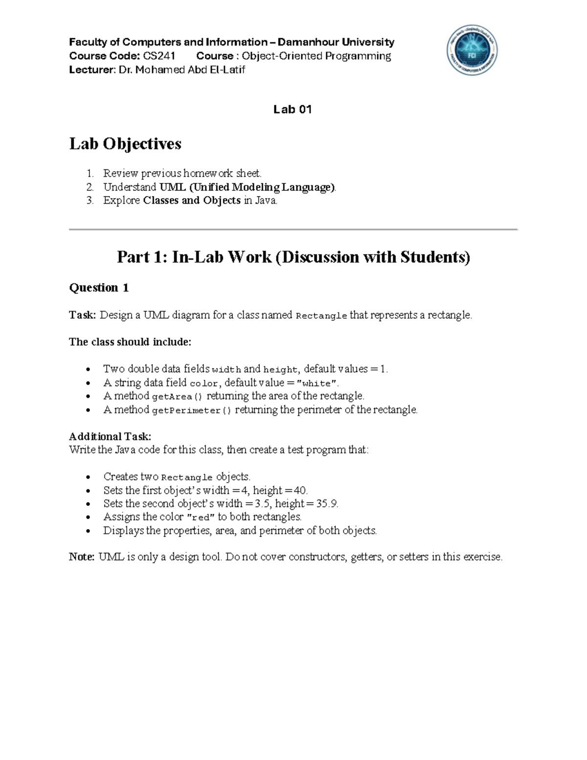 CS241 Lab 01: UML Diagrams and Java Class Implementations - Studocu
