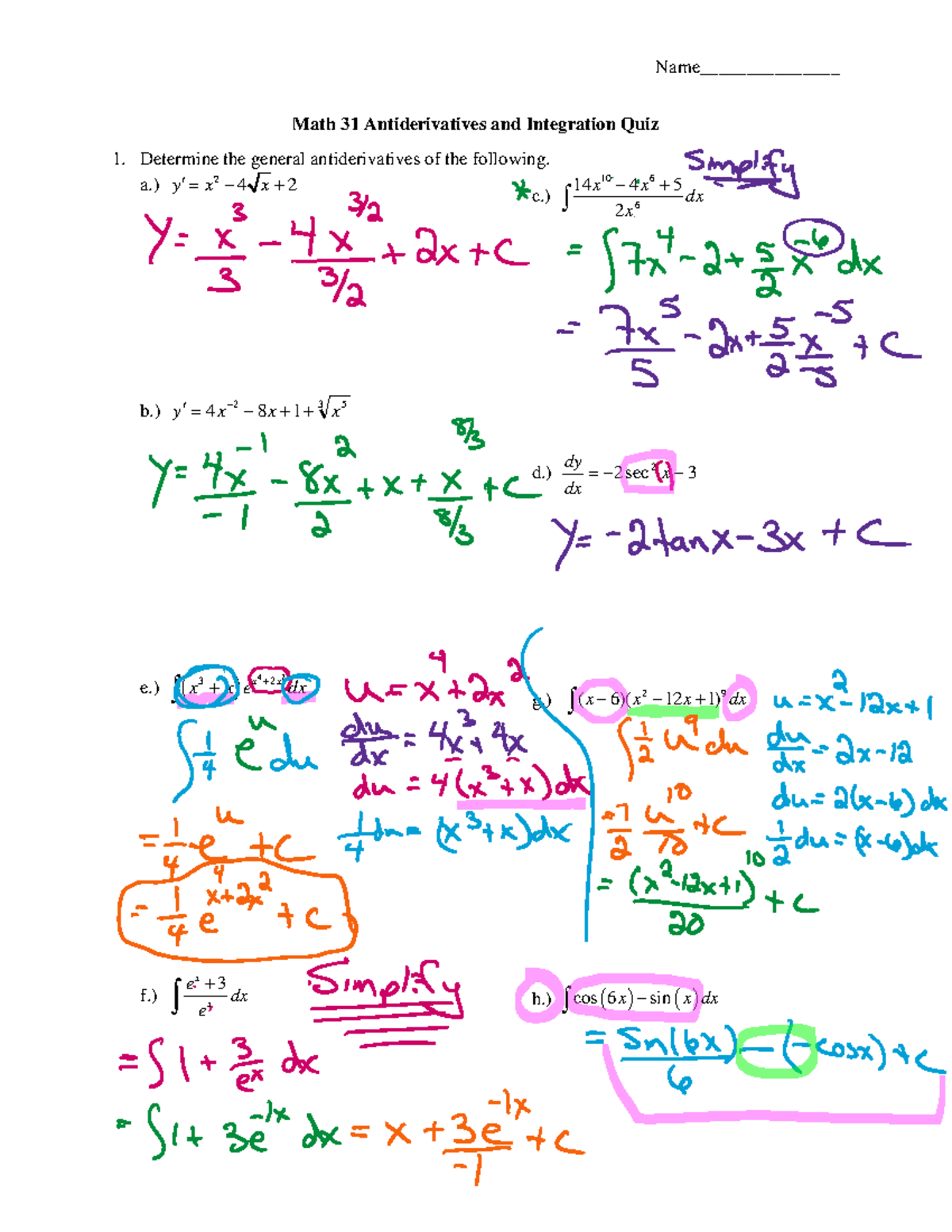 Math 31 Antiderivatives and Integration Quiz Review - Studocu