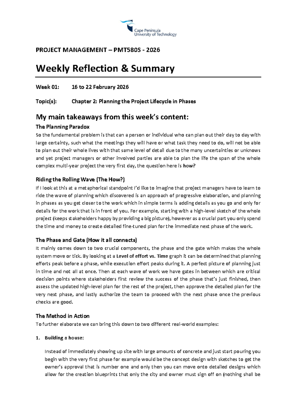 PROJECT MANAGEMENT PMT580S 2026 Weekly Reflection Summary Week 02 ...