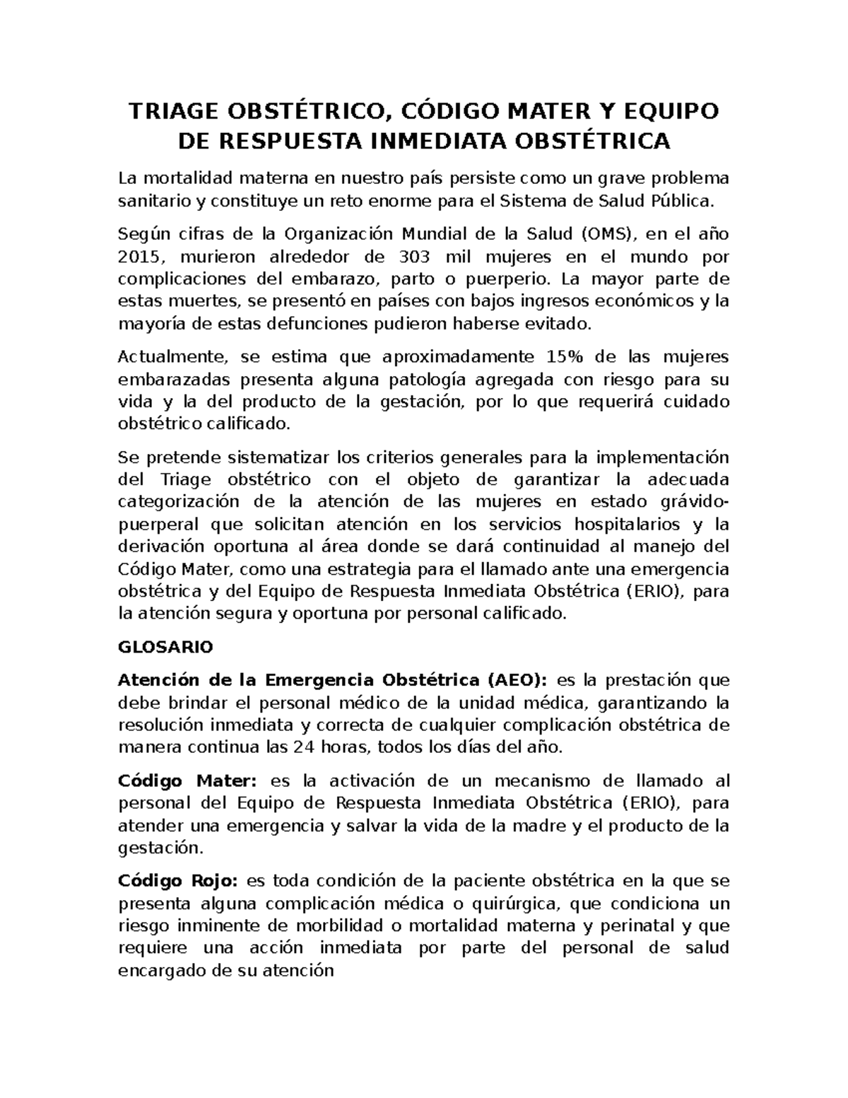 Triage Obstétrico y Código Mater: Protocolo ERIO de Emergencias - Studocu