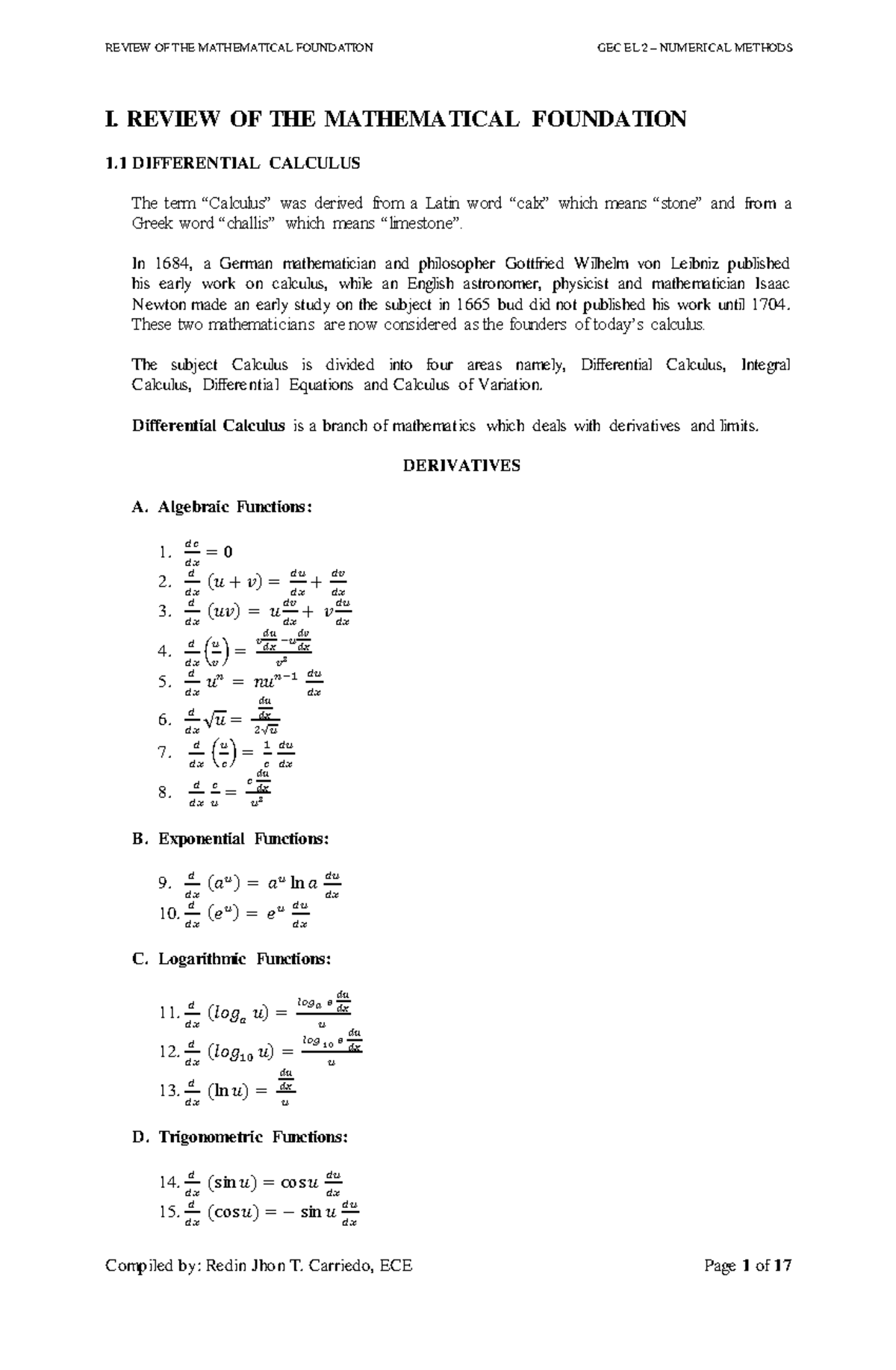 Mathematical Foundations Review: Calculus, Matrices, and More - Studocu