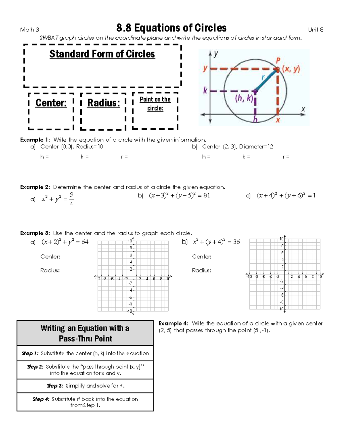 Math 3 Unit 8: Equations of Circles and Graphing Techniques - Studocu