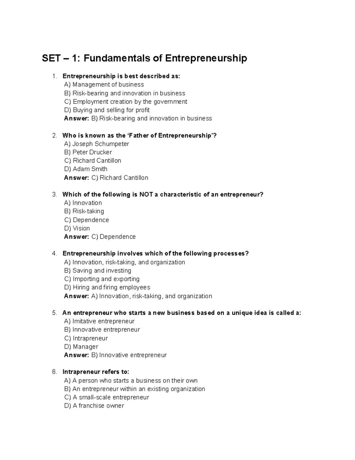 SET 1: Quiz on Fundamentals of Entrepreneurship - Studocu