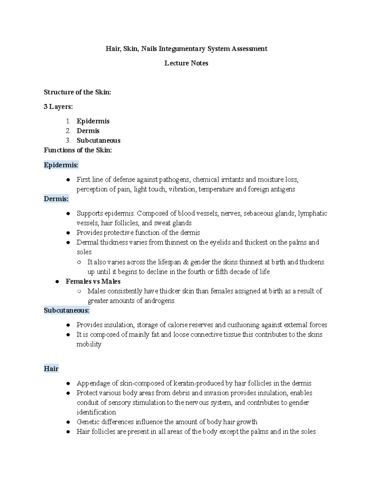 NURS 224 Integumentary System Lecture Notes & Skin Assessment Guide ...