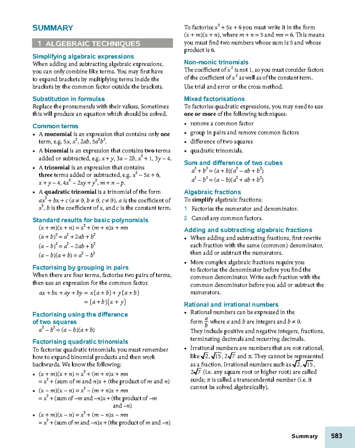 Summary of New Senior Mathematics Advanced (Course Code: 583) - Studocu