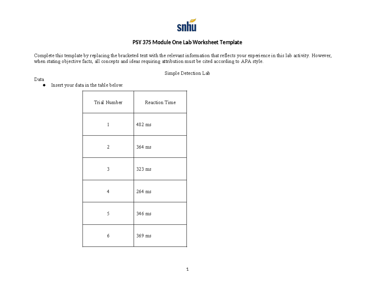Module 1 Lab Worksheet - Assignment - PSY 375 Module One Lab Worksheet ...