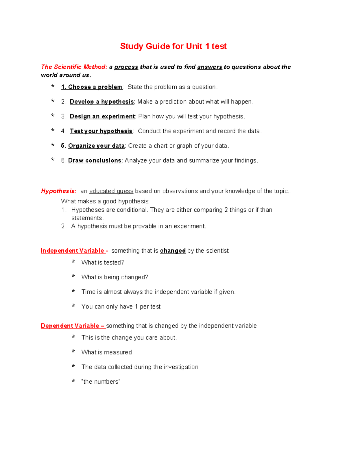 Unit 1 Study Guide: The Scientific Method & Basic Chemistry Concepts ...