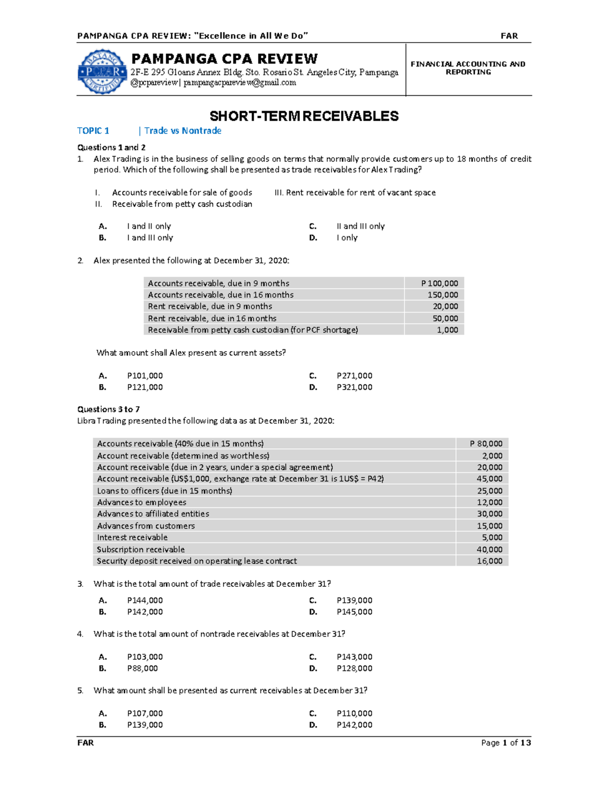 PAMPANGA CPA REVIEW: FAR Short-term Receivables Analysis and Questions ...