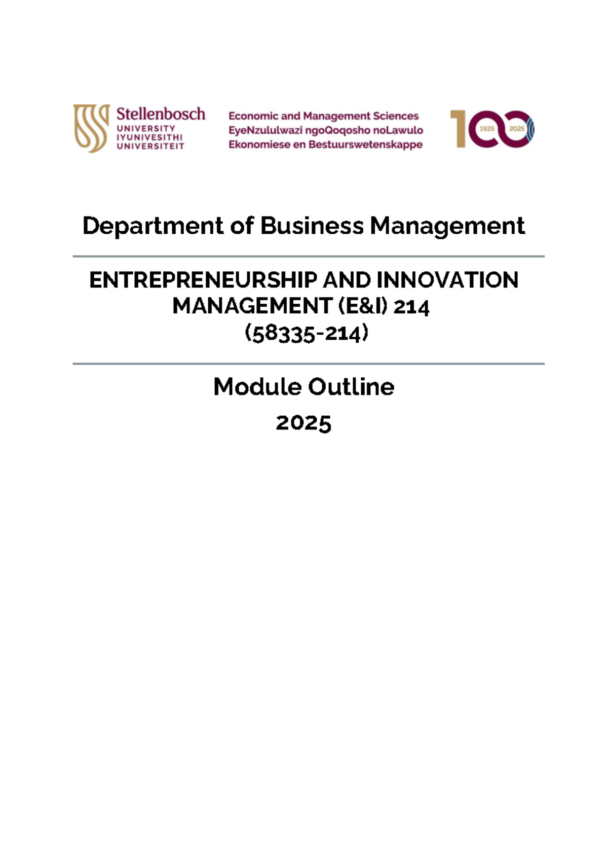 Entrepreneurship and Innovation Management 214 Module Framework 2025 ...