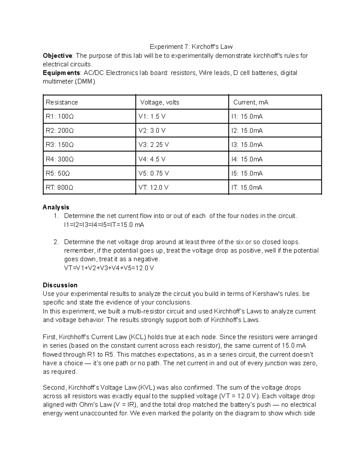 Kirchhoff's Law Lab Report - Physics II Experiment 7 - Studocu