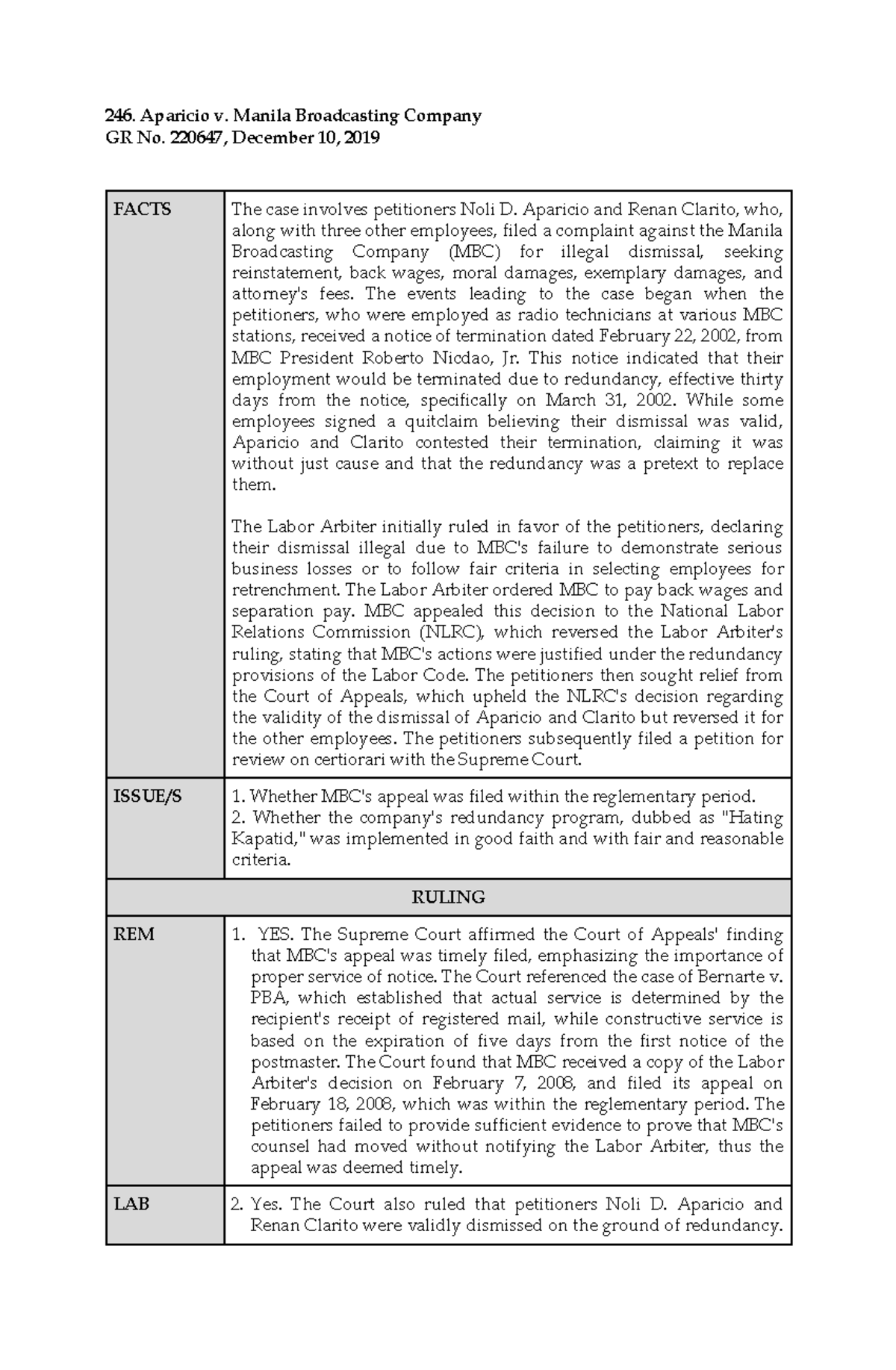 246. Aparicio v. Manila Broadcasting Co: G.R. No. 220647 Case Study ...