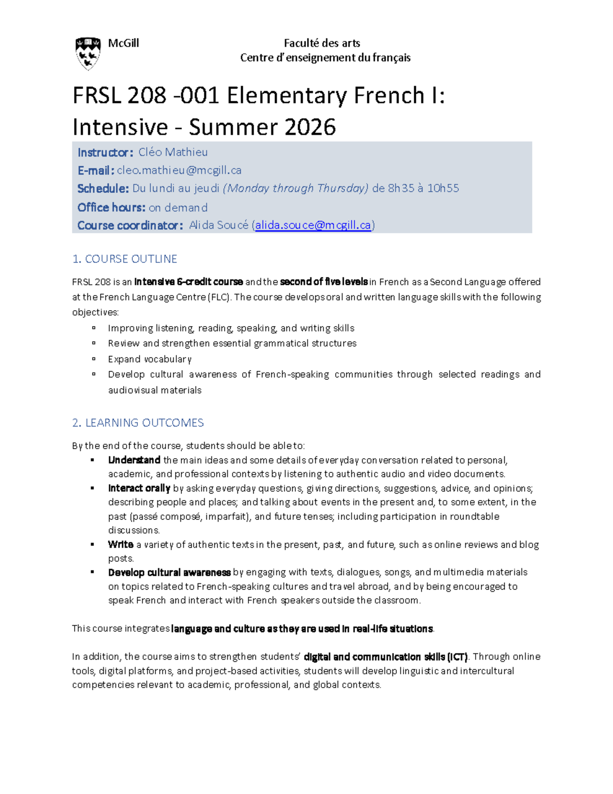 FRSL 208-001 - Syllabus for Elementary French I: Intensive Summer 2026 ...