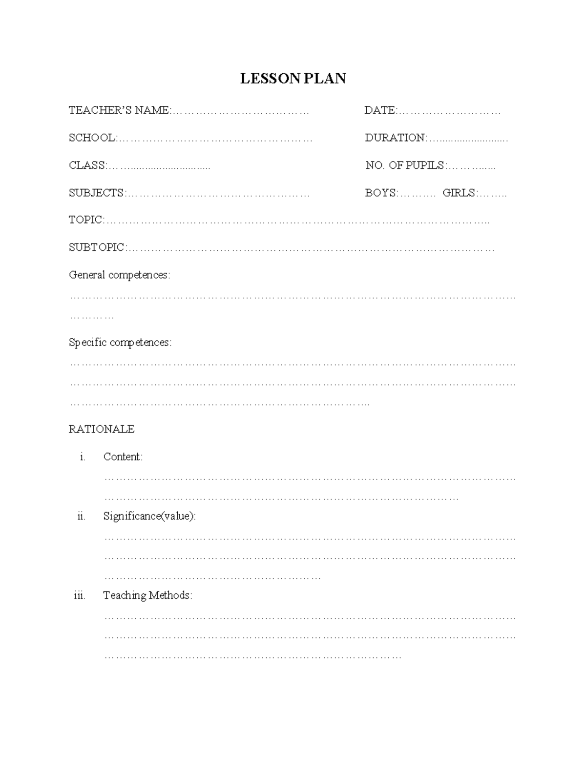 CBC Mathematics Lesson PLAN Sample Template - LESSON PLAN TEACHER’S ...