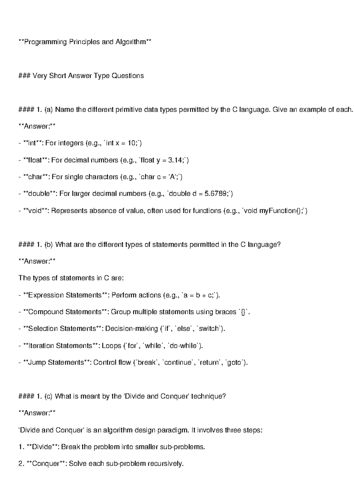 Final programming questions answers - Programming Principles and ...