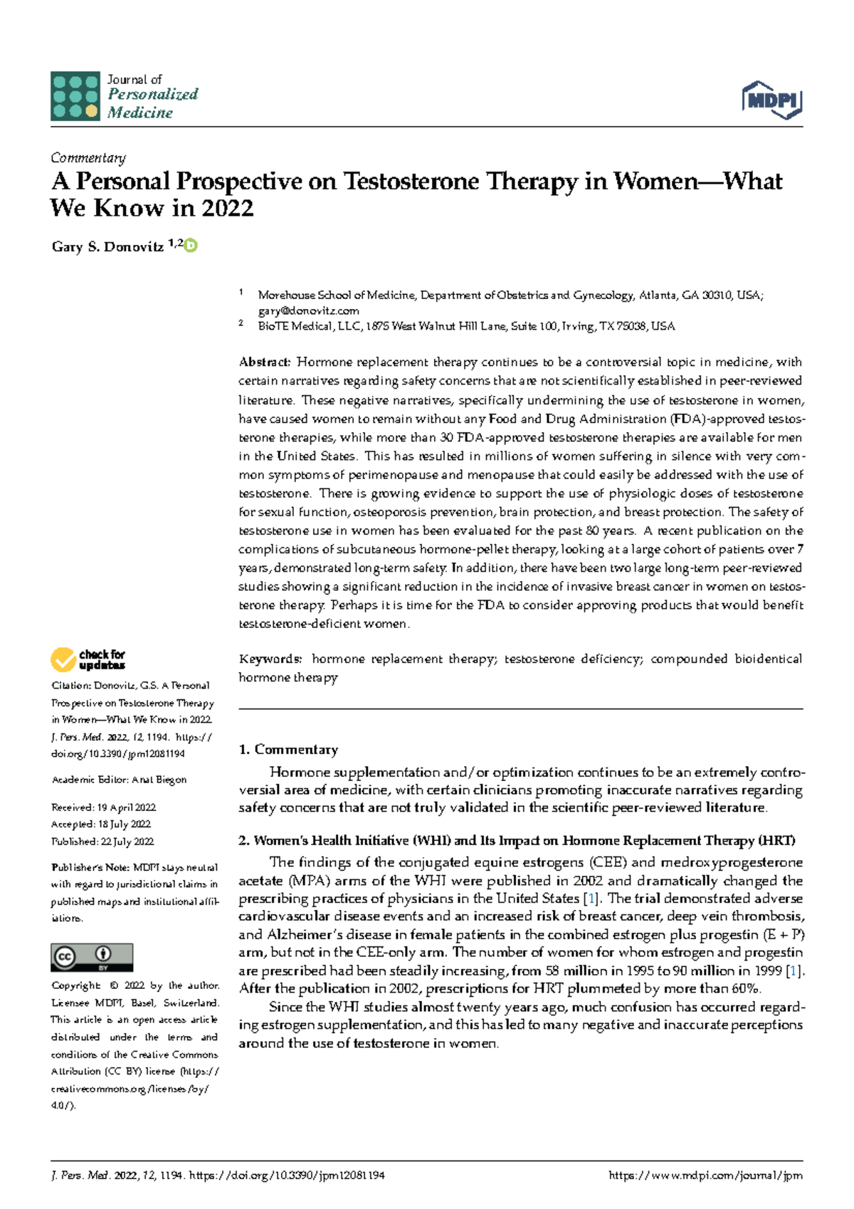 Testosterone Therapy in Women: Insights from 2022 - JPM-12-01194 - Studocu