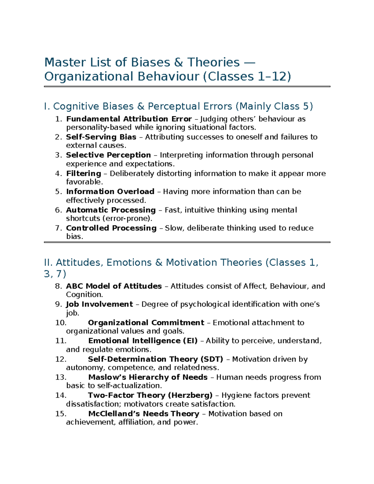 OB Biases Theories - Final Exam Notes (Classes 1, 2, 3, 5, 7, 11, 12 ...