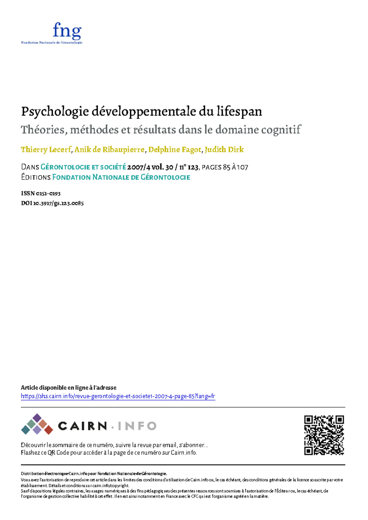 LIFESPAN DEVELOPMENTAL PSYCHOLOGY: THEORIES, METHODS & RESULTS (Lecerf ...