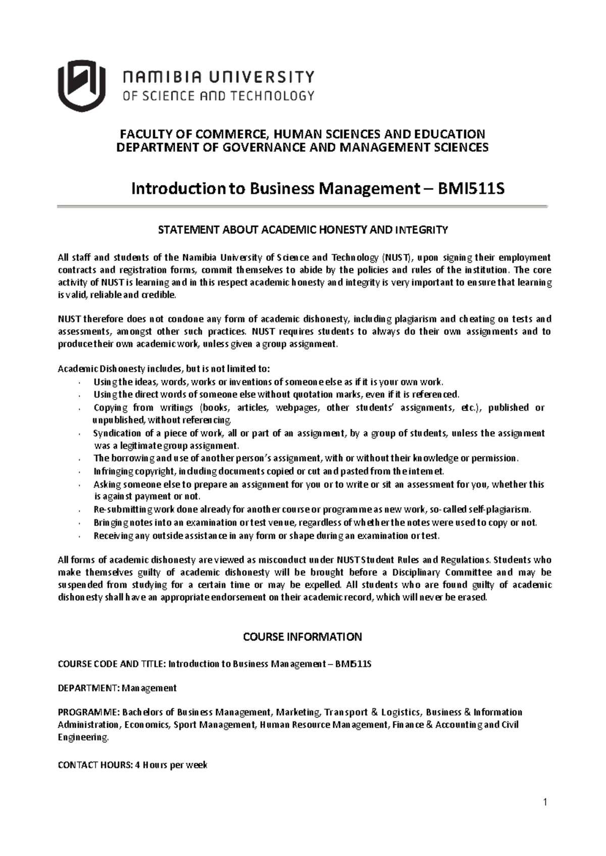 BMI511S Course Outline for Introduction to Business Management 2024 ...