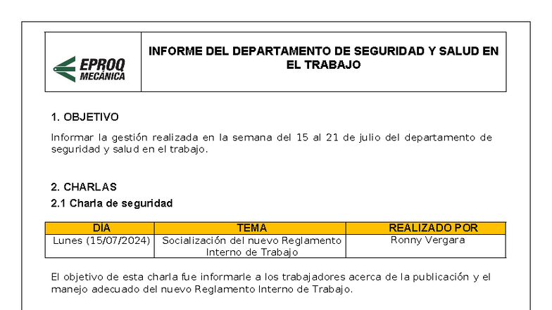 Informe de Seguridad y Salud en el Trabajo 15-21 Julio 2024 - Studocu