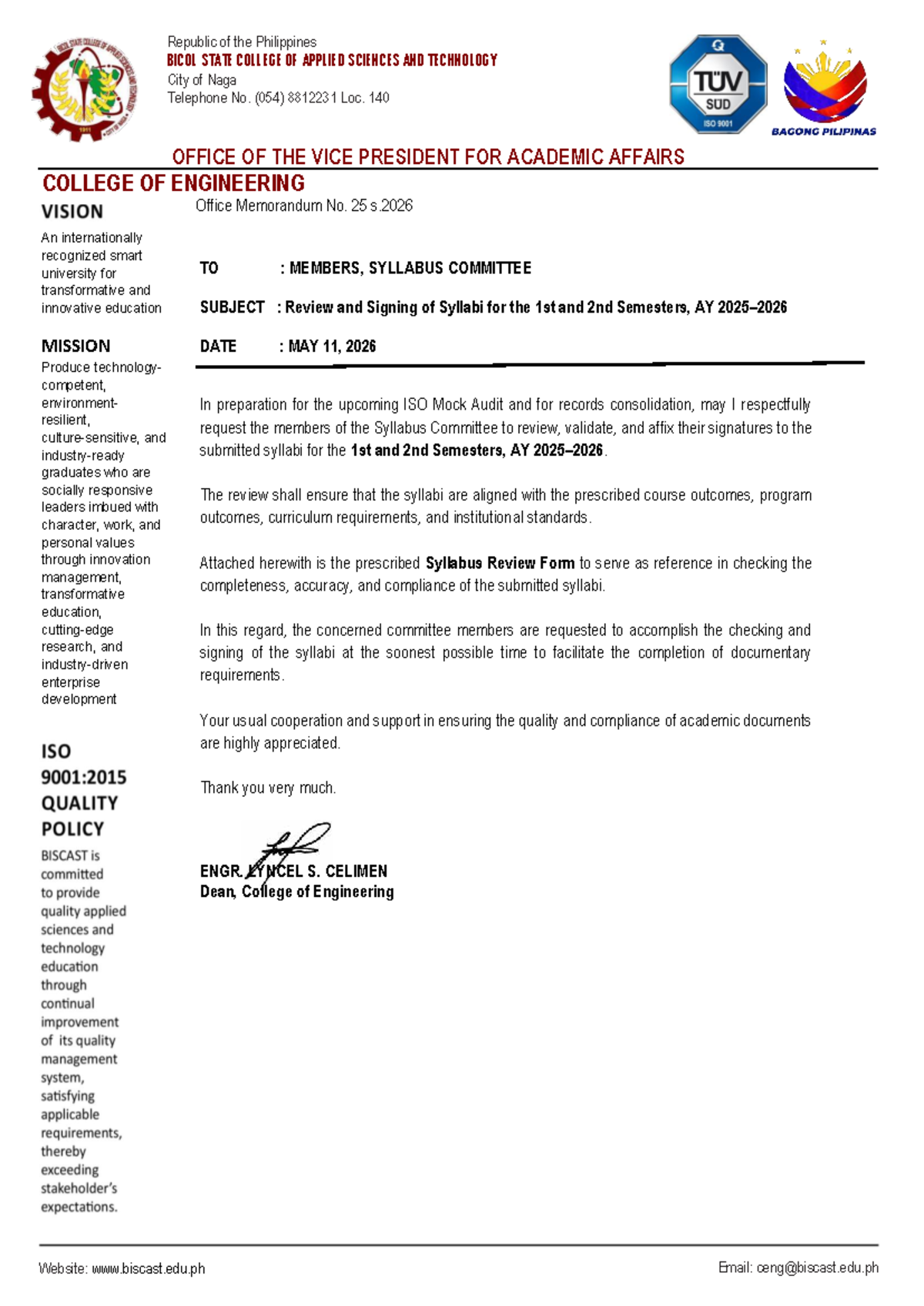 CEng Memorandum No. 25 s.2026: Syllabus Review for AY 1st & 2nd Sem ...