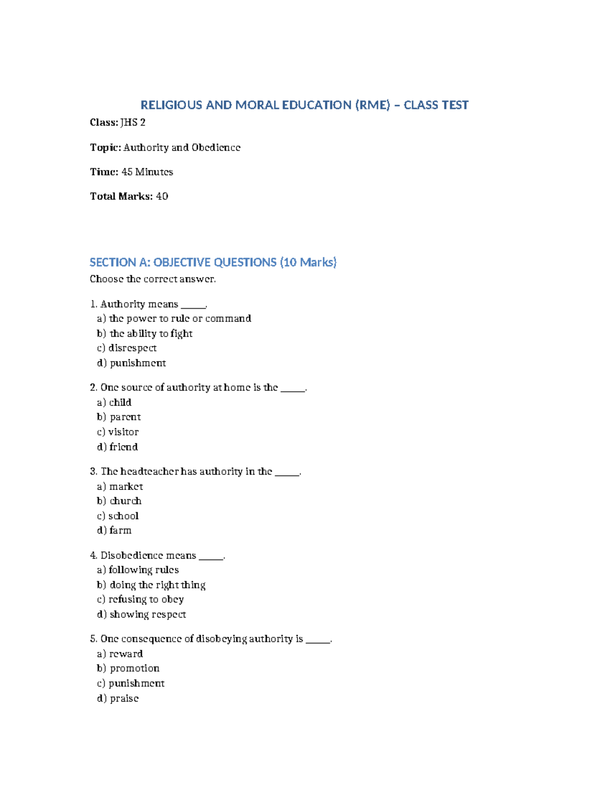RME JHS 2 Class Test: Authority and Obedience - Studocu