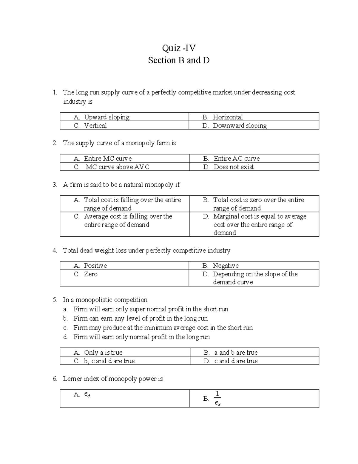 Quiz IV - Economics Supply and Market Structures Analysis - Studocu