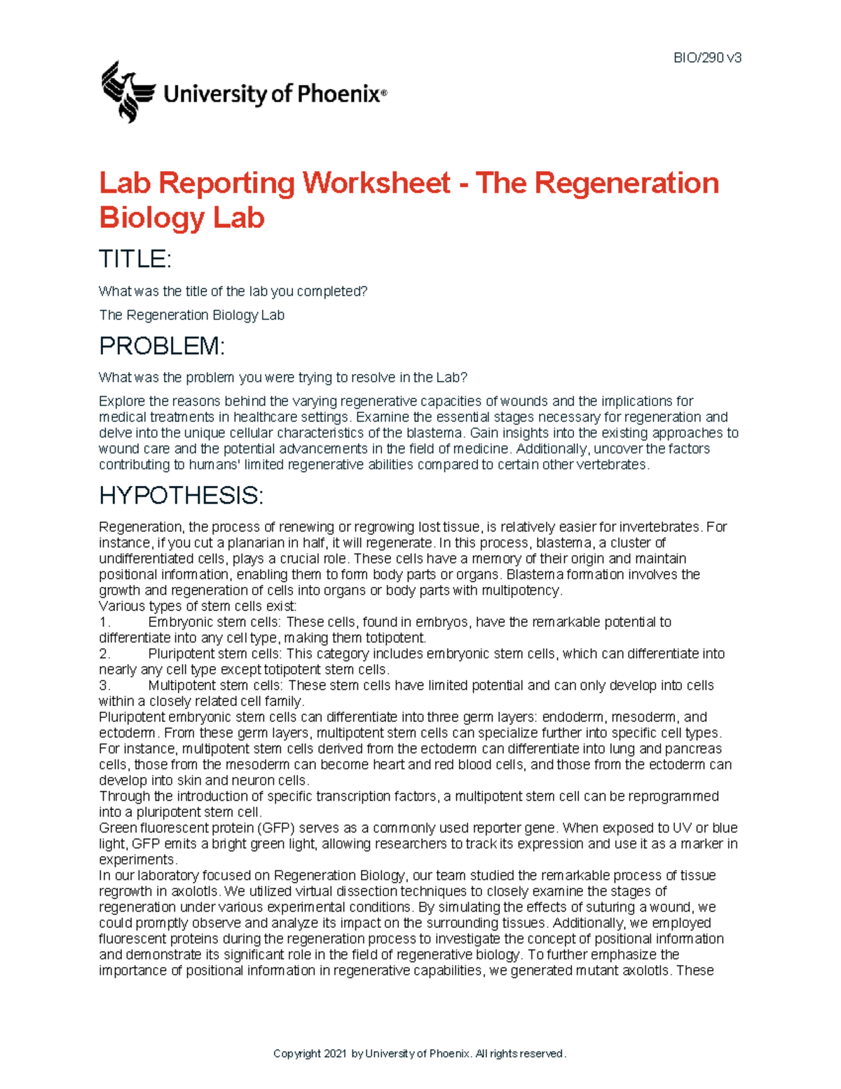 BIO/290 v Lab Reporting Worksheet: Insights into Regeneration Biology ...