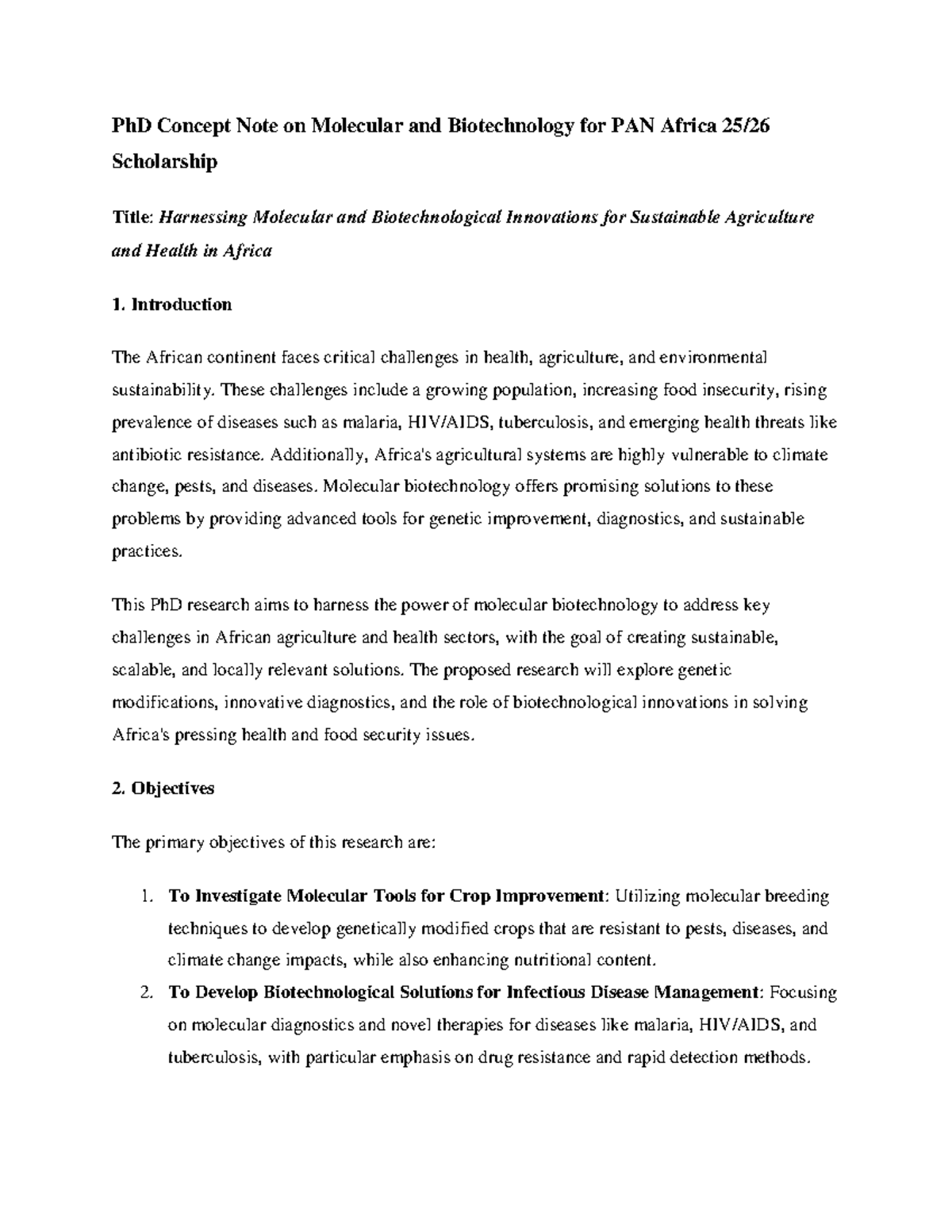 PhD Concept Note: Molecular & Biotechnological Innovations for Africa - Studocu