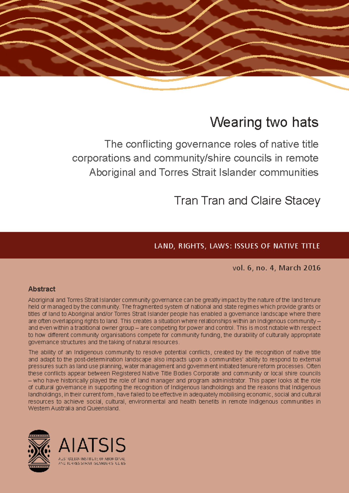 Wearing Two Hats: Governance Conflicts in Aboriginal Corporations and ...