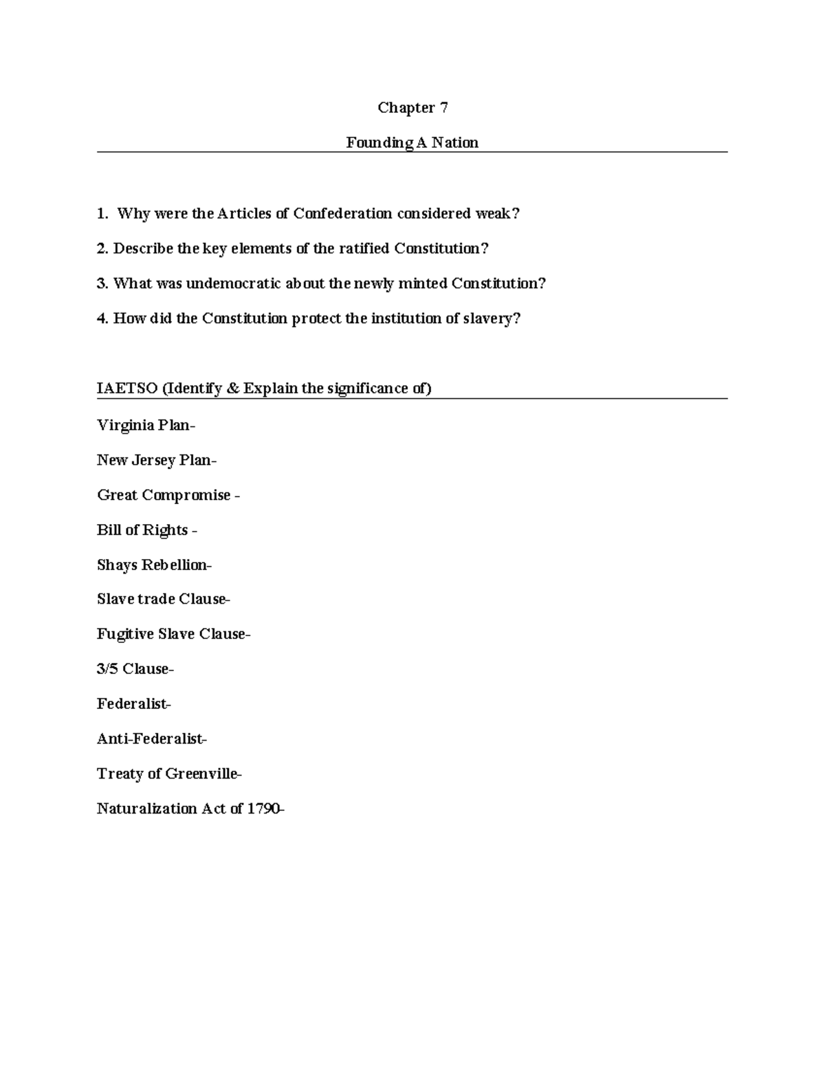 IAETSO: Chapter 7 - Founding A Nation Notes & Questions - Studocu