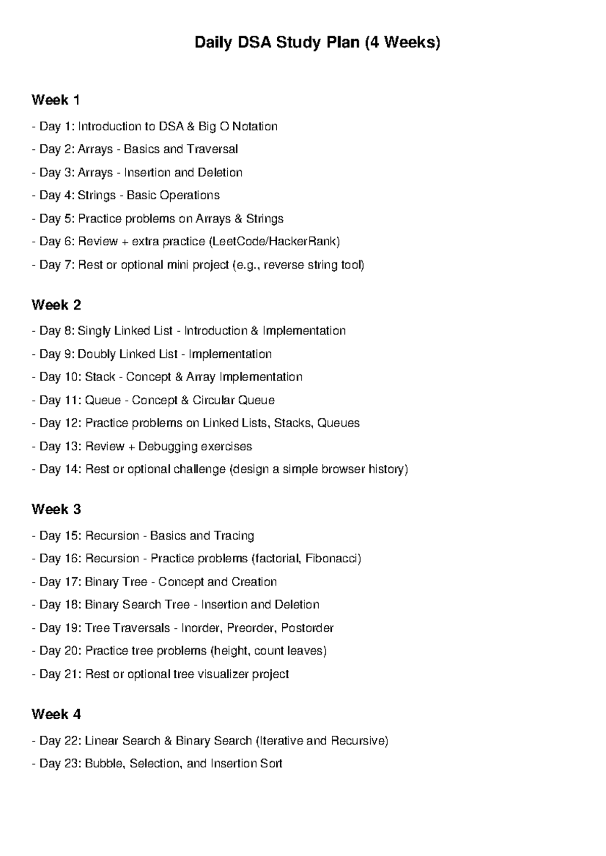 DSA Study Plan (4 Weeks) - Week 1 to Week 4 Overview - Studocu